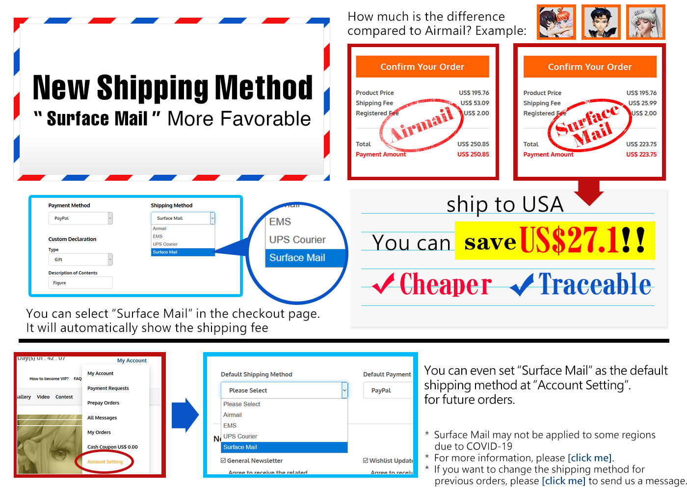 New Surface Mail Much Cheaper!